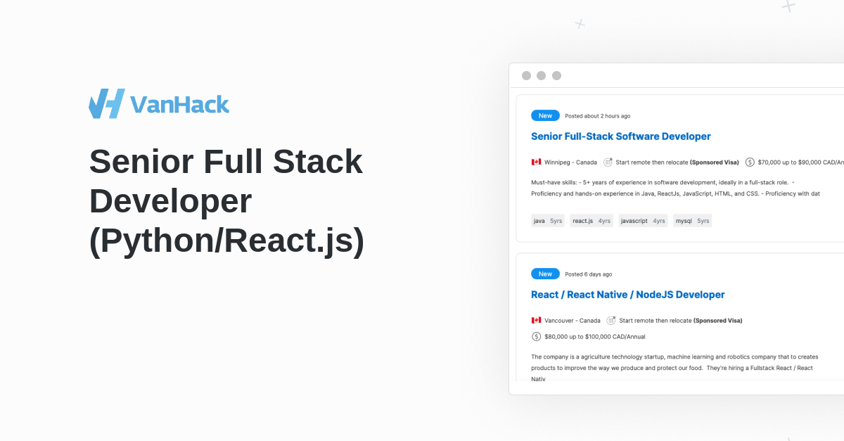 Senior Full Stack Developer Python React Js Vanhack